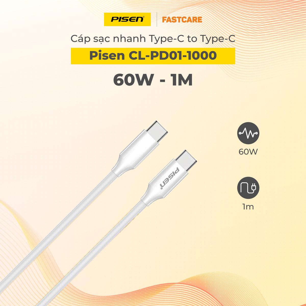 cáp sạc nhanh Pisen Type C to Type C 60W 1M CL-PD01-1000